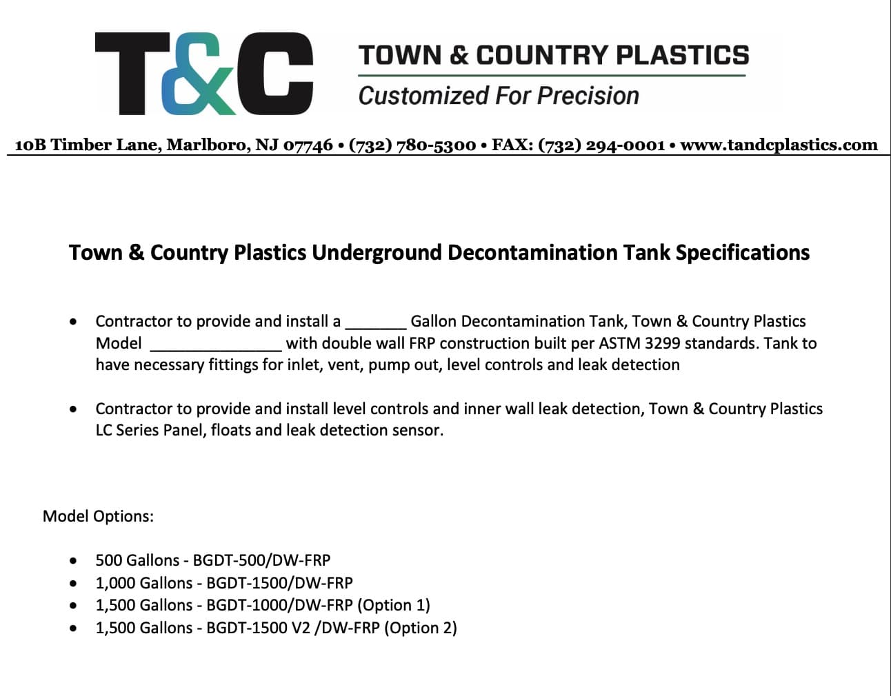 BGDT Decon Tank Series Drawings and Spec