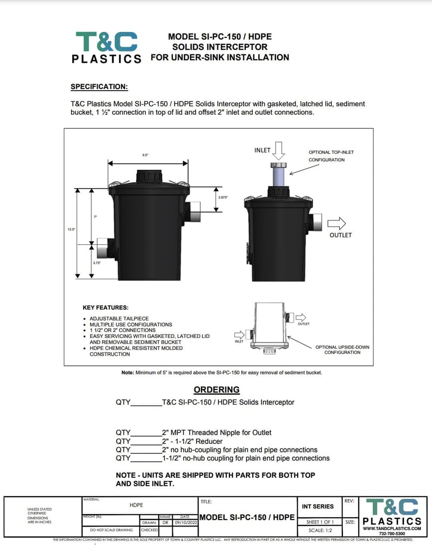 SI-PC-150 Under Sink Solids Interceptor