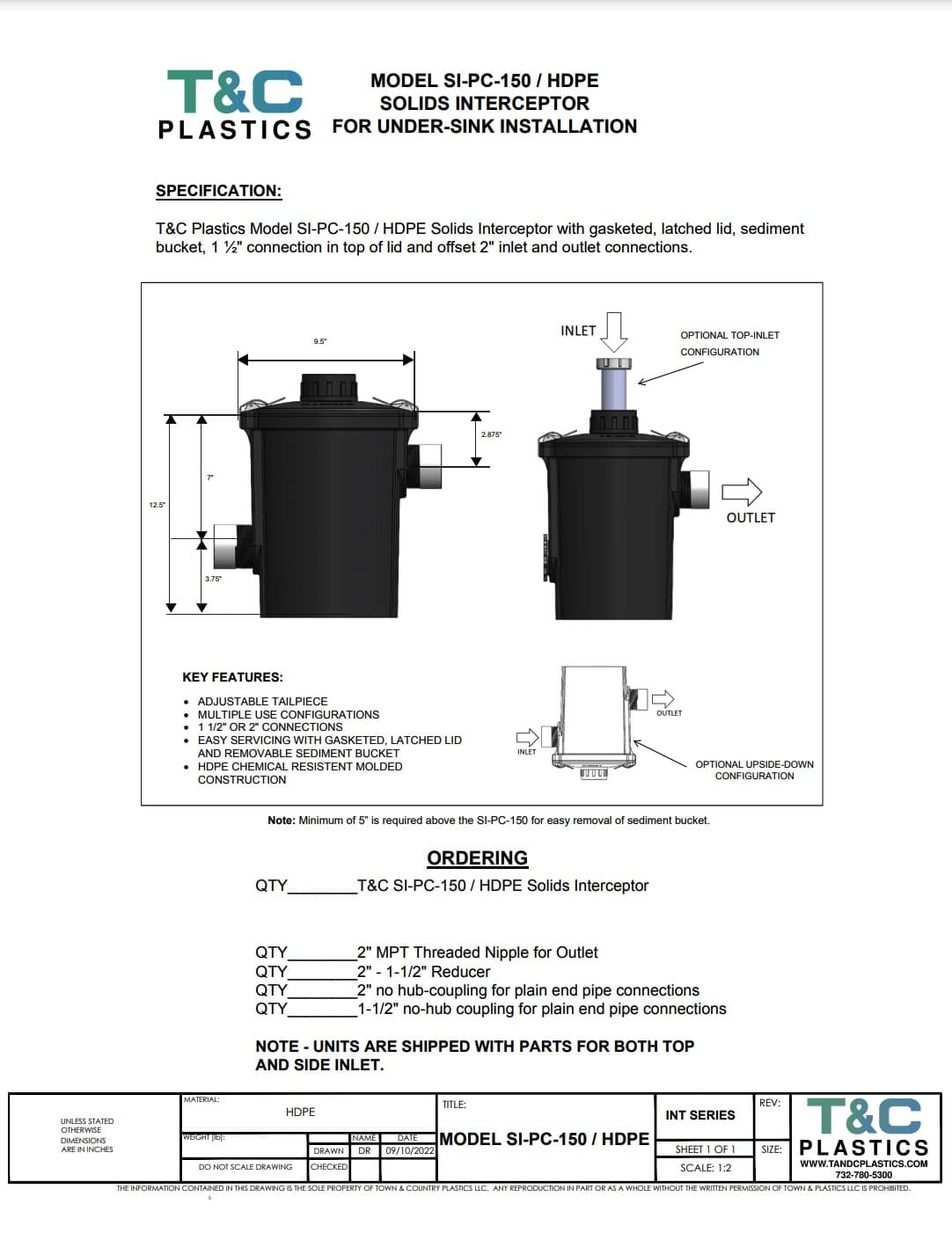 SI-PC-150 Under Sink Solids Interceptor